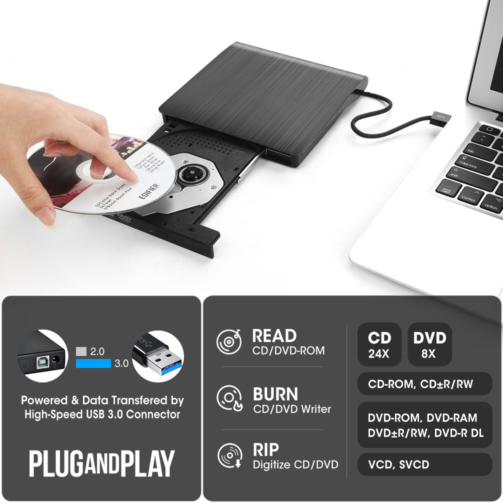 ROOFULL External CD DVD +/-RW Drive USB 3.0 Premium Portable CD-ROM DVD ...