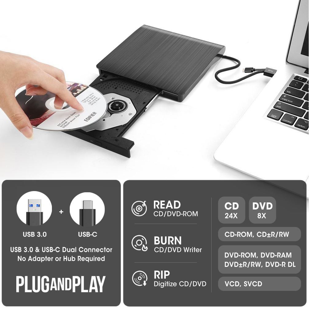 ROOFULL External CD DVD Drive Player, USB 3.0 USB-C Portable CD DVD ...