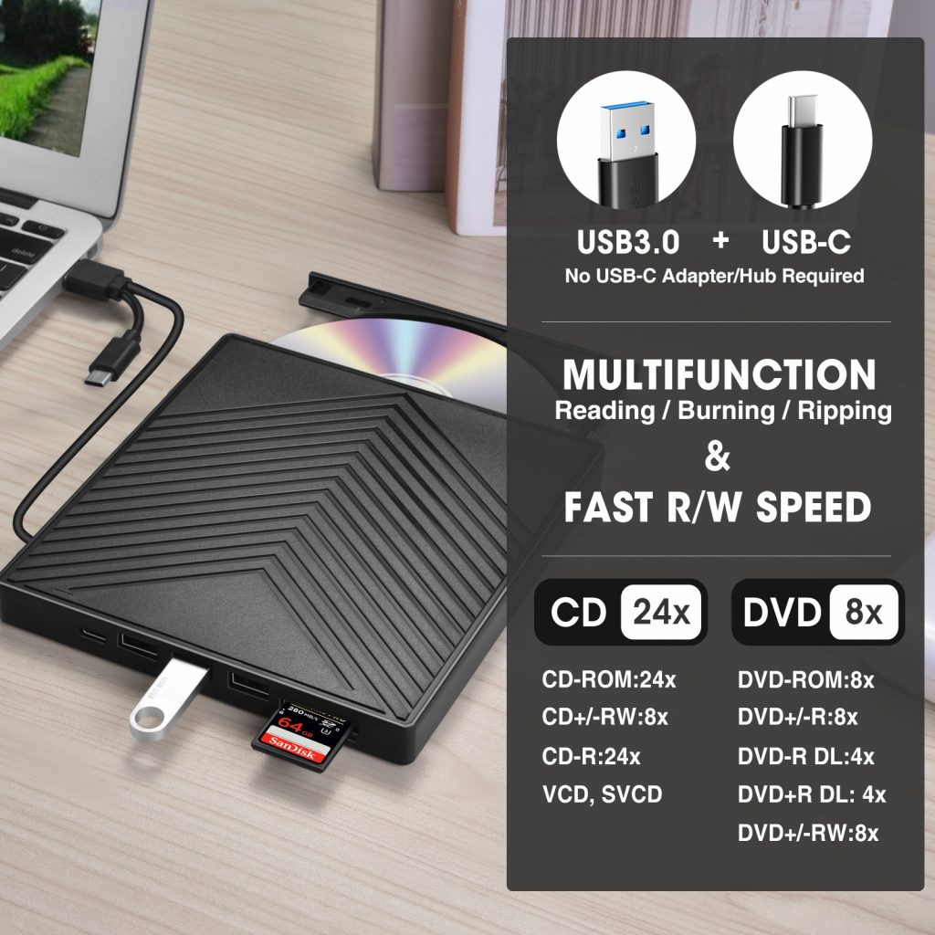 ROOFULL External CD/DVD Drive Burner, USB 3.0 Type-C Ultra Slim ...