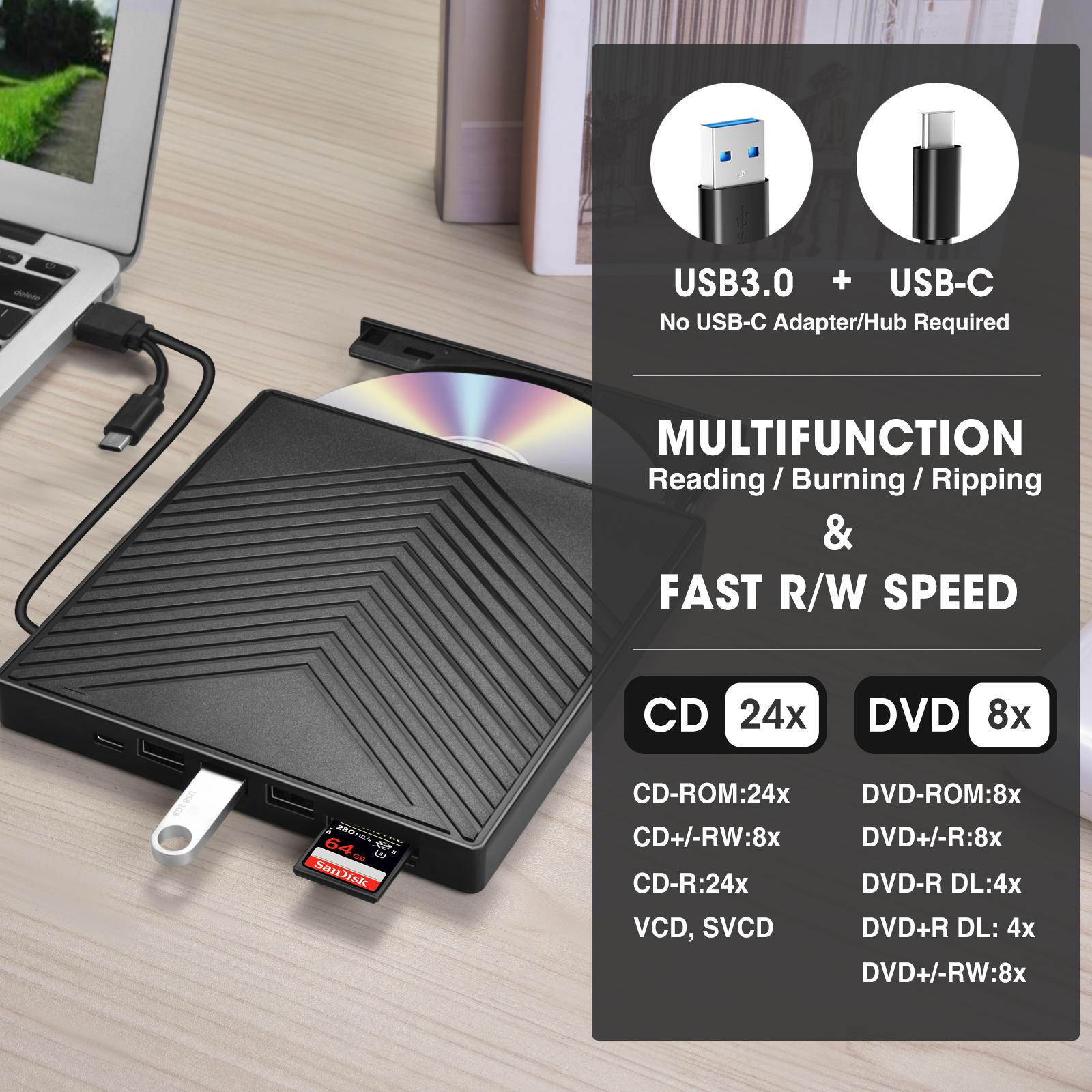 ROOFULL External CD/DVD Drive Burner, USB 3.0 Type-C Ultra Slim ...