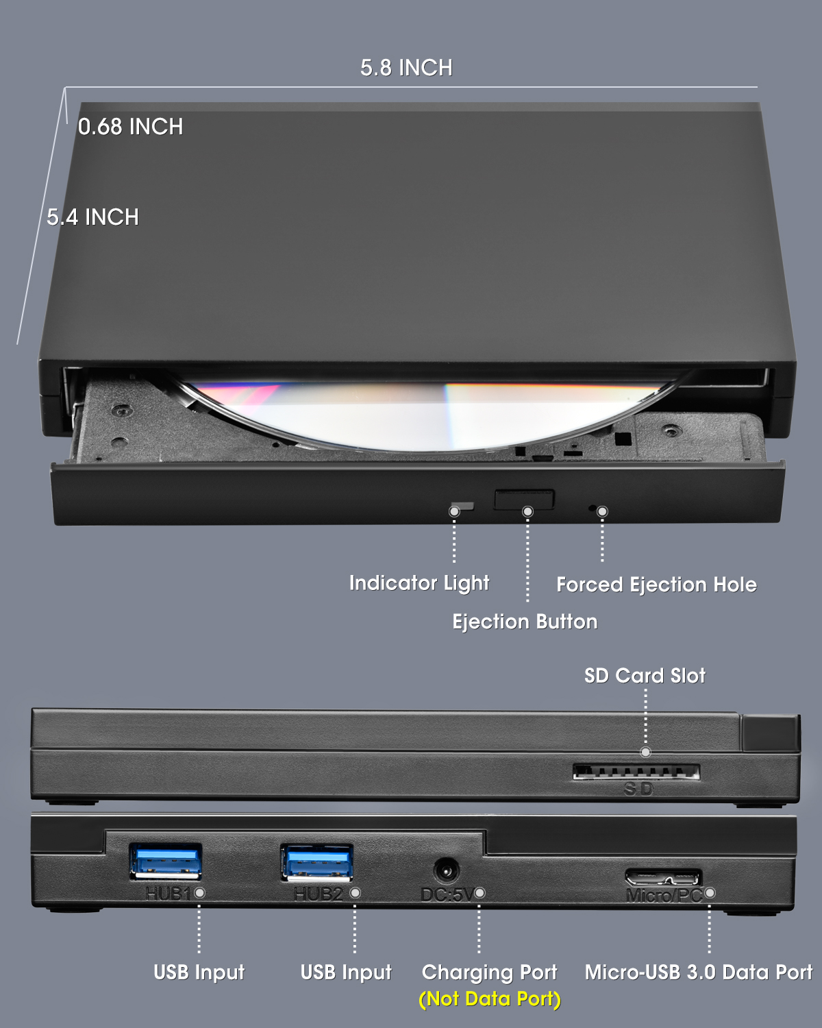 ROOFULL USB External CD DVD +/-RW Drive with SD Card Slot and USB Ports ...