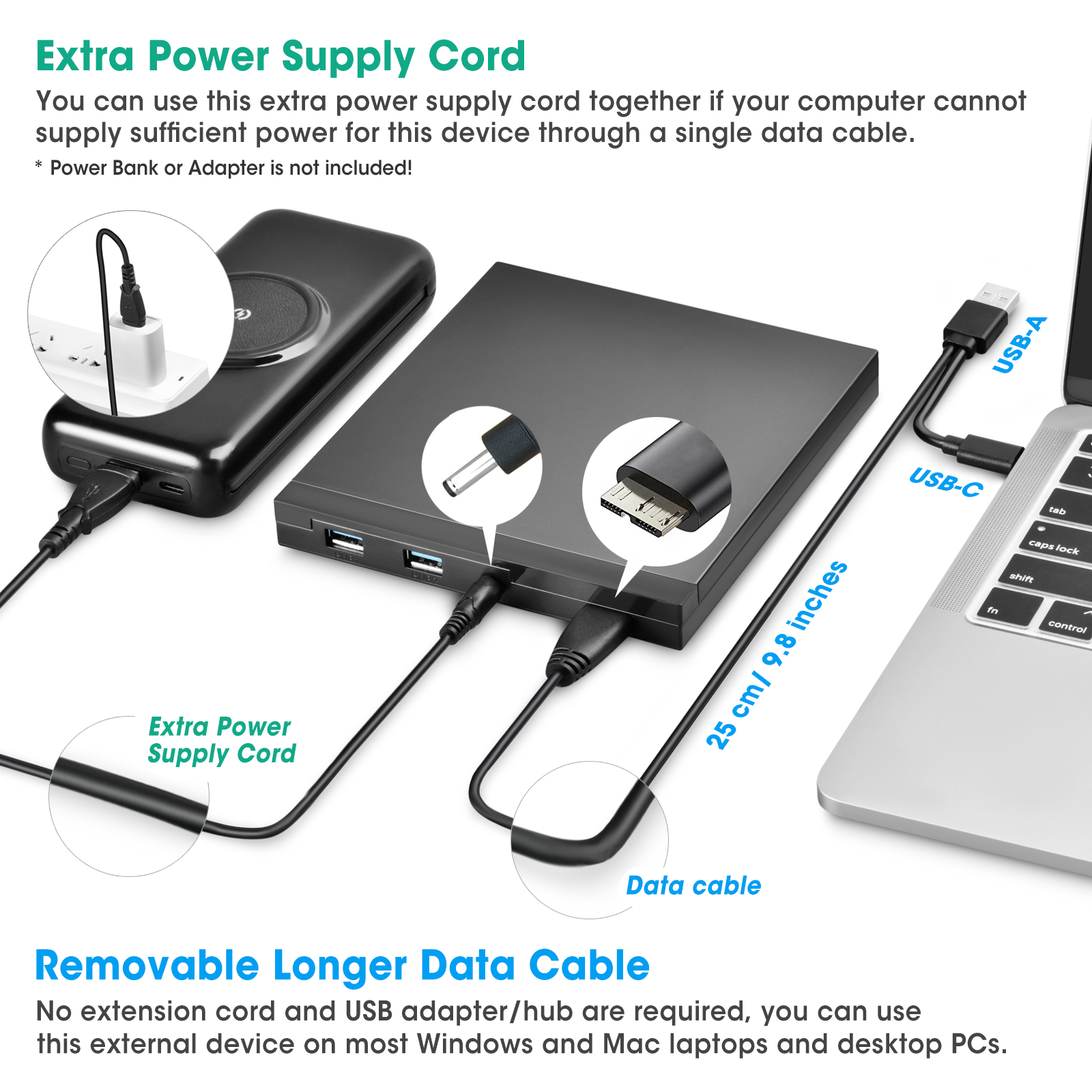 ROOFULL External CD/DVD +/-RW Drive USB 3.0 Type-C with USB Ports and ...