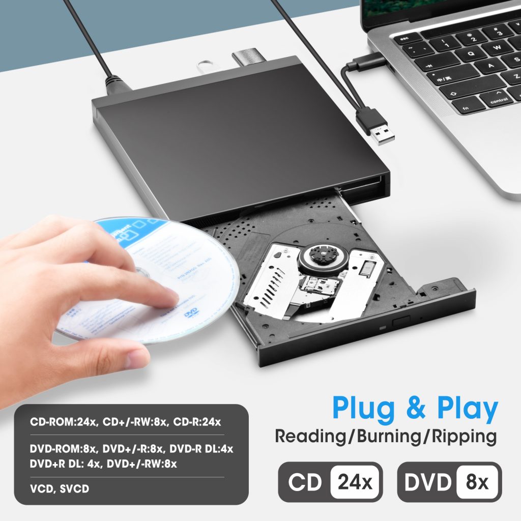 ROOFULL External CD/DVD +/-RW Drive USB 3.0 Type-C with USB Ports and ...