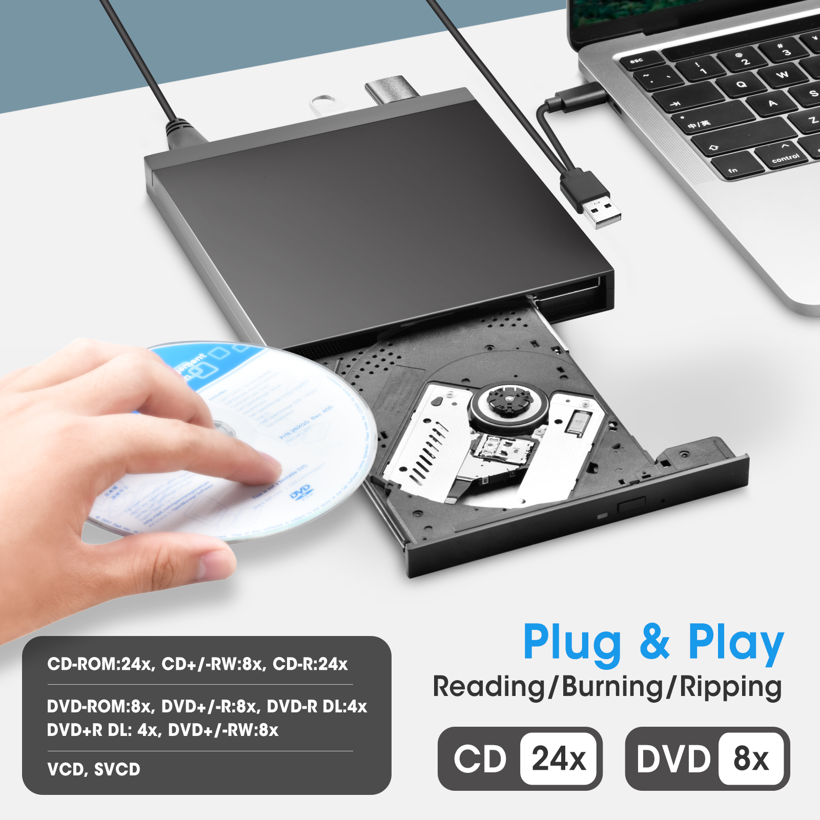ROOFULL External CD/DVD +/-RW Drive USB 3.0 Type-C with USB Ports and ... ROOFULL External CD/DVD +/-RW Drive USB 3.0 Type-C with USB Ports and ...