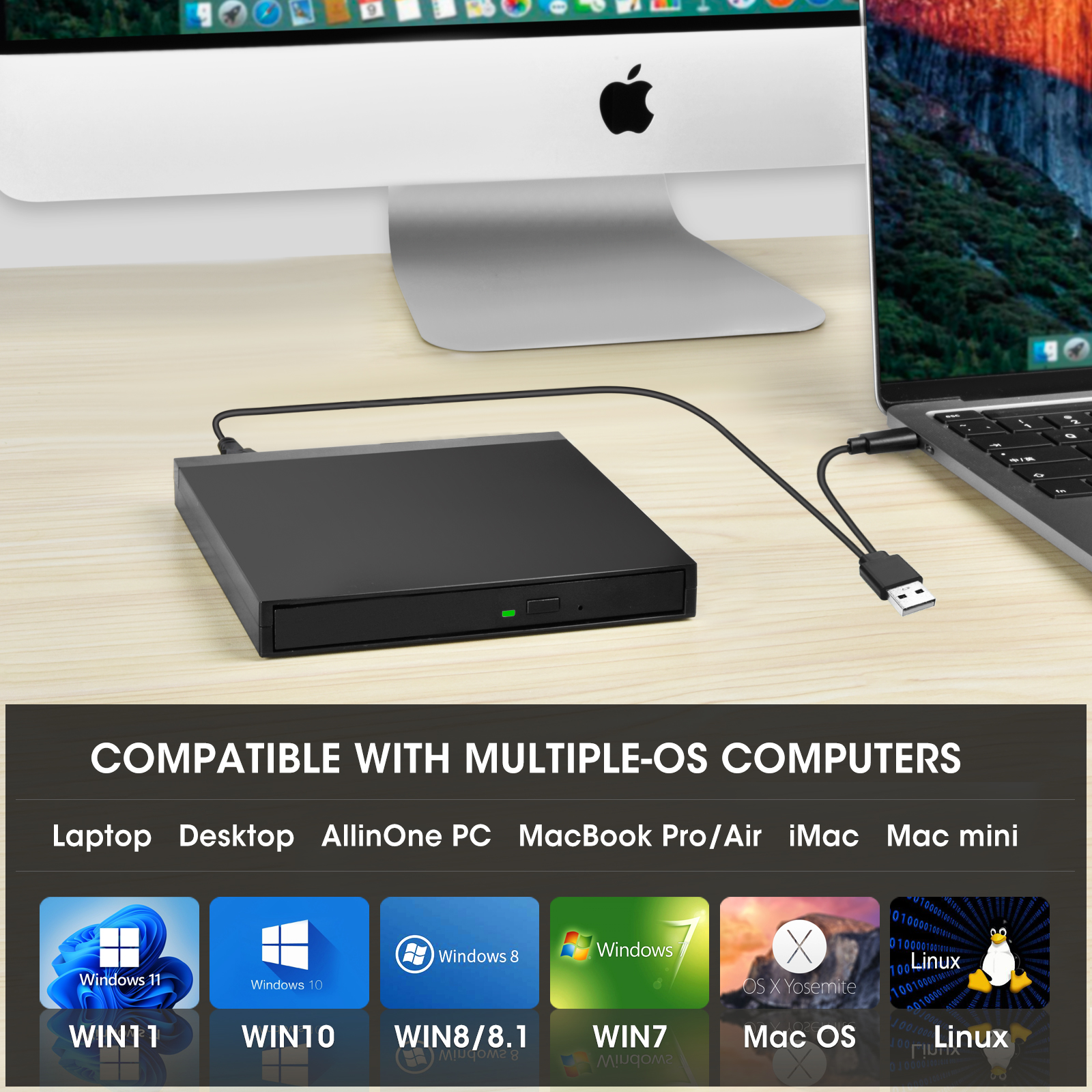 ROOFULL USB External CD DVD +/-RW Drive with SD Card Slot and USB Ports ...